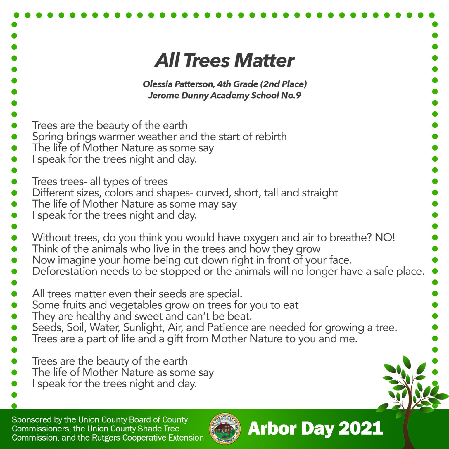 Winners of the 2021 Arbor Day Poetry Contest – County of Union, New Jersey