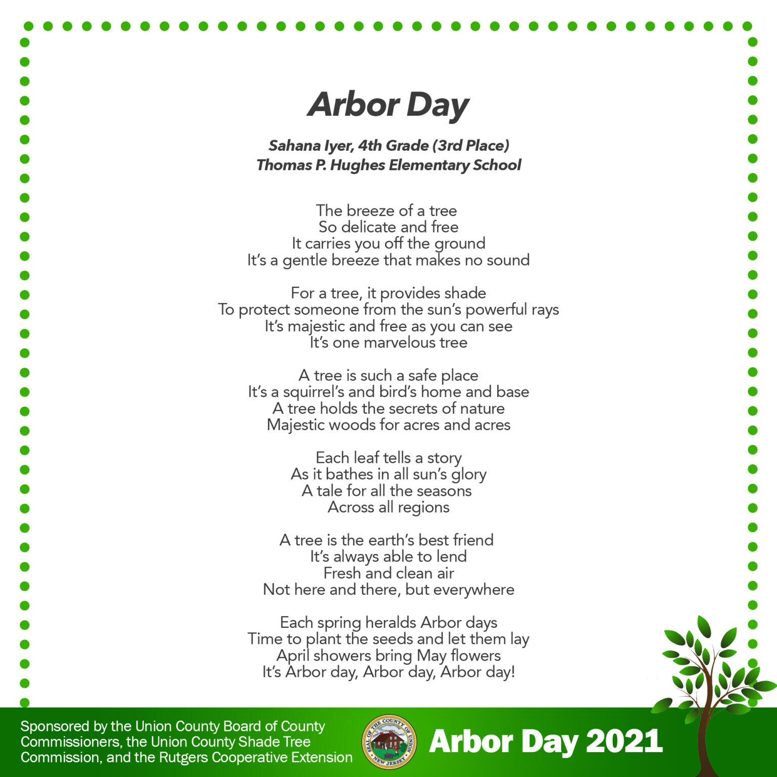 Winners of the 2021 Arbor Day Poetry Contest – County of Union, New Jersey