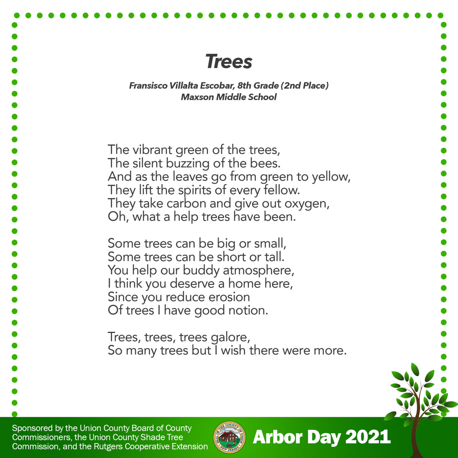 Winners of the 2021 Arbor Day Poetry Contest – County of Union, New Jersey